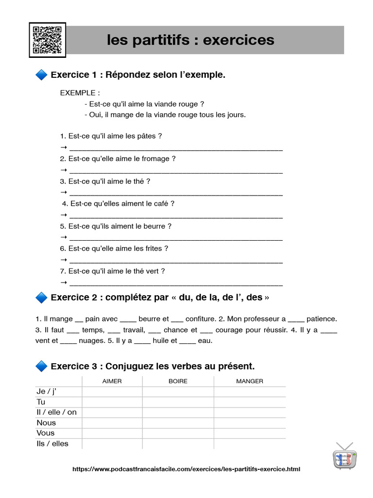Exercices Partitifs FLE Débutants | PDF | Ouverture (échecs) | Nourritures