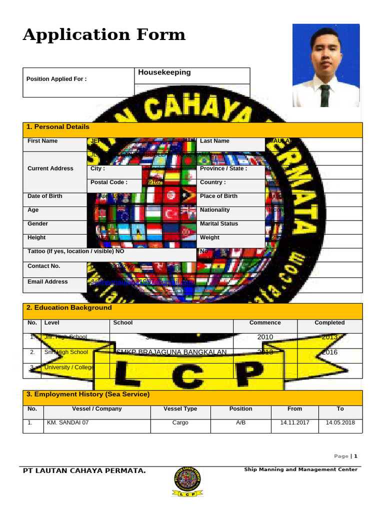 Application Form PT LCP Center | PDF | Ship Types | Freight Transport