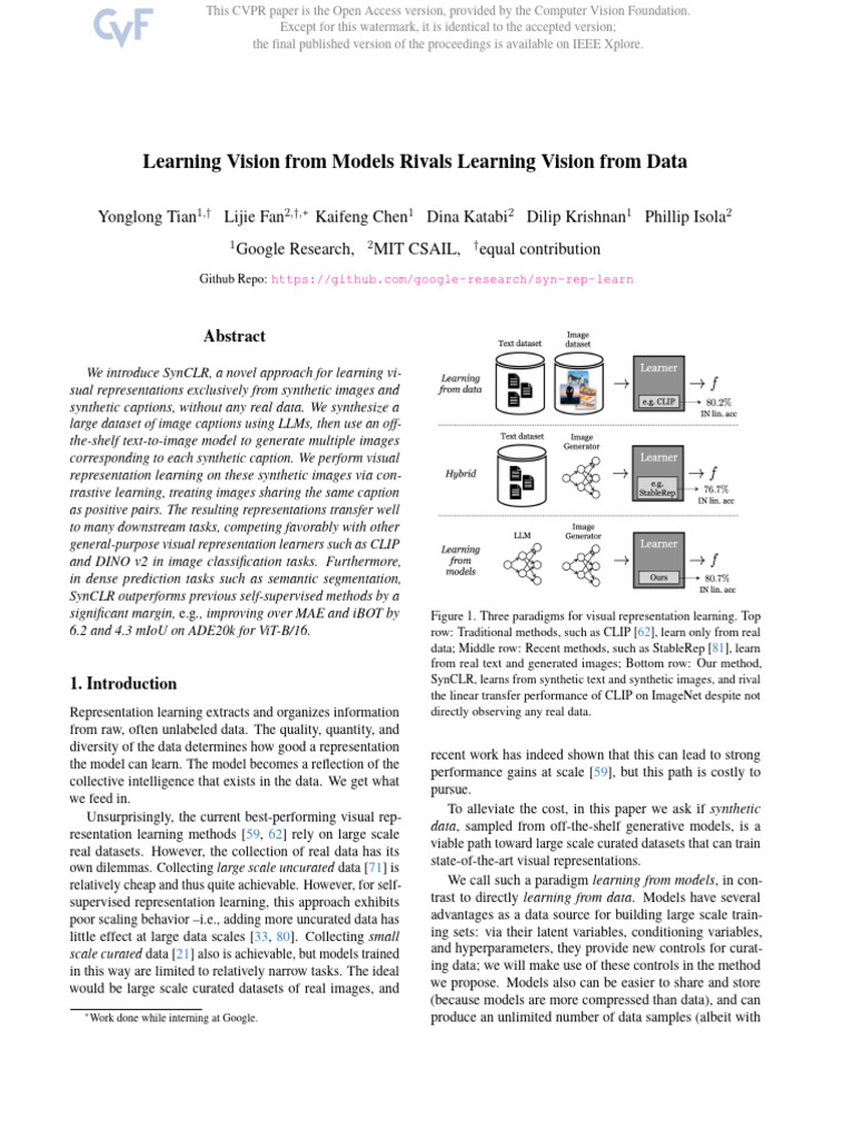Tian Learning Vision From Models Rivals Learning Vision From Data CVPR 2024 Paper | PDF ...