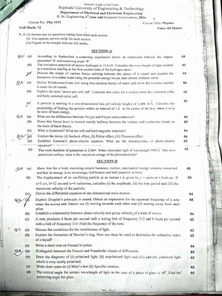 PHY Question Semester-1 | PDF