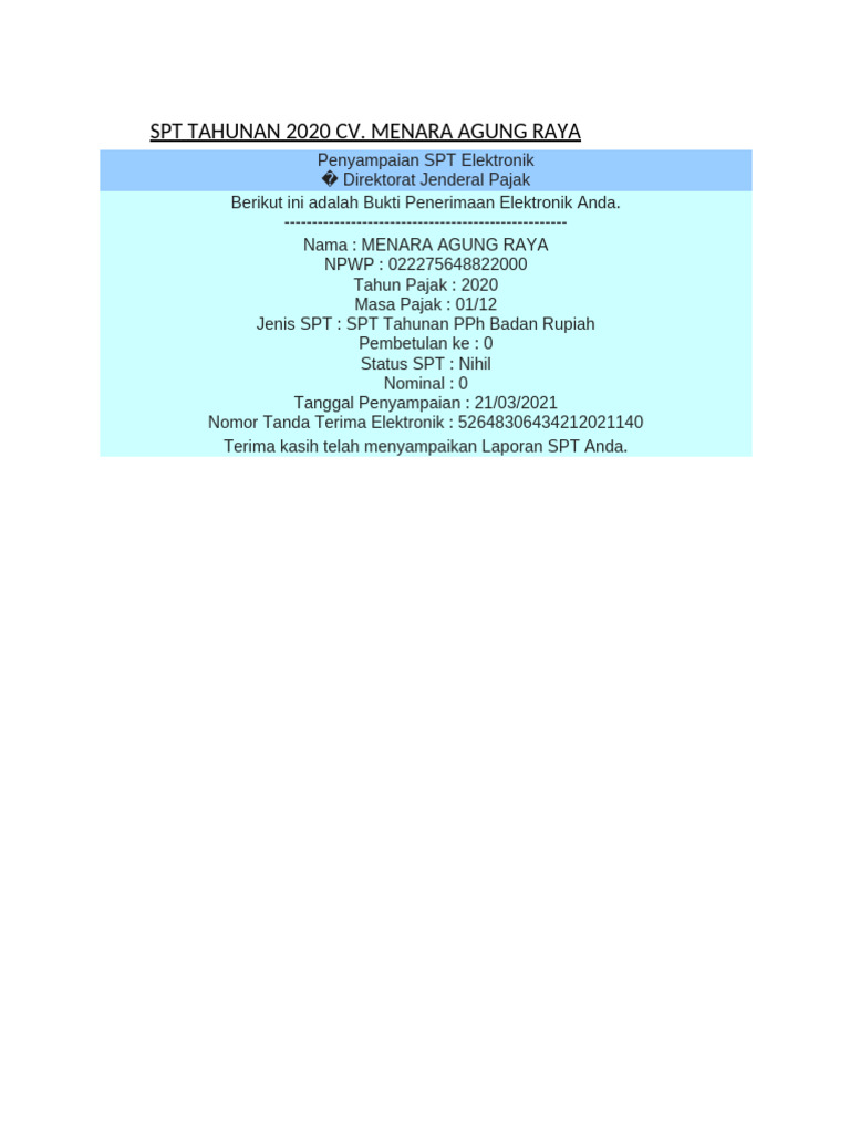 SPT Tahunan 2020 Cv. Menara Agung Raya | PDF