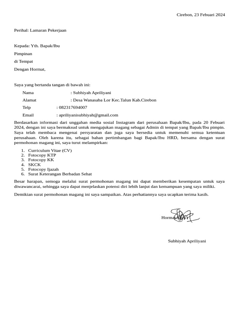 Lamaran Magang Admin oleh Subhiyah Apriliyani | PDF