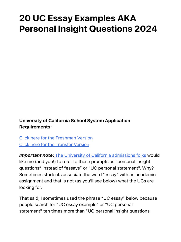 20 UC Essay Examples - Personal Insight Questions 2024 | PDF | Visual ... 20 UC Essay Examples - Personal Insight Questions 2024 | PDF | Visual ...