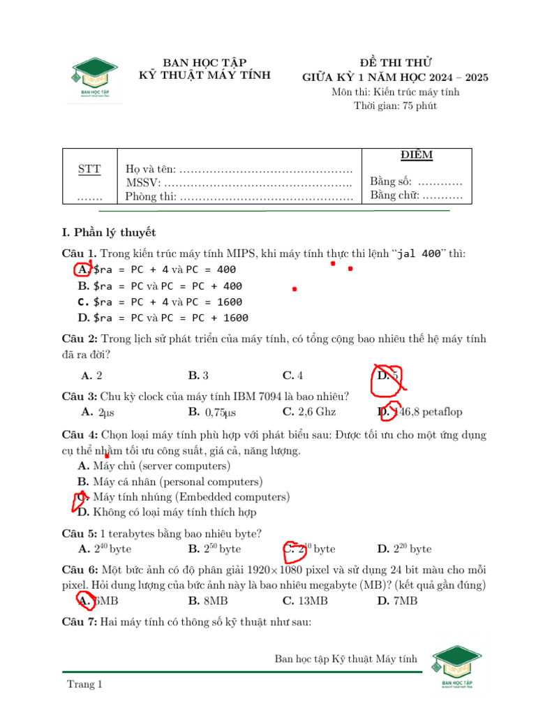 DeThiThu KTMT GK1 2024 2025 | PDF