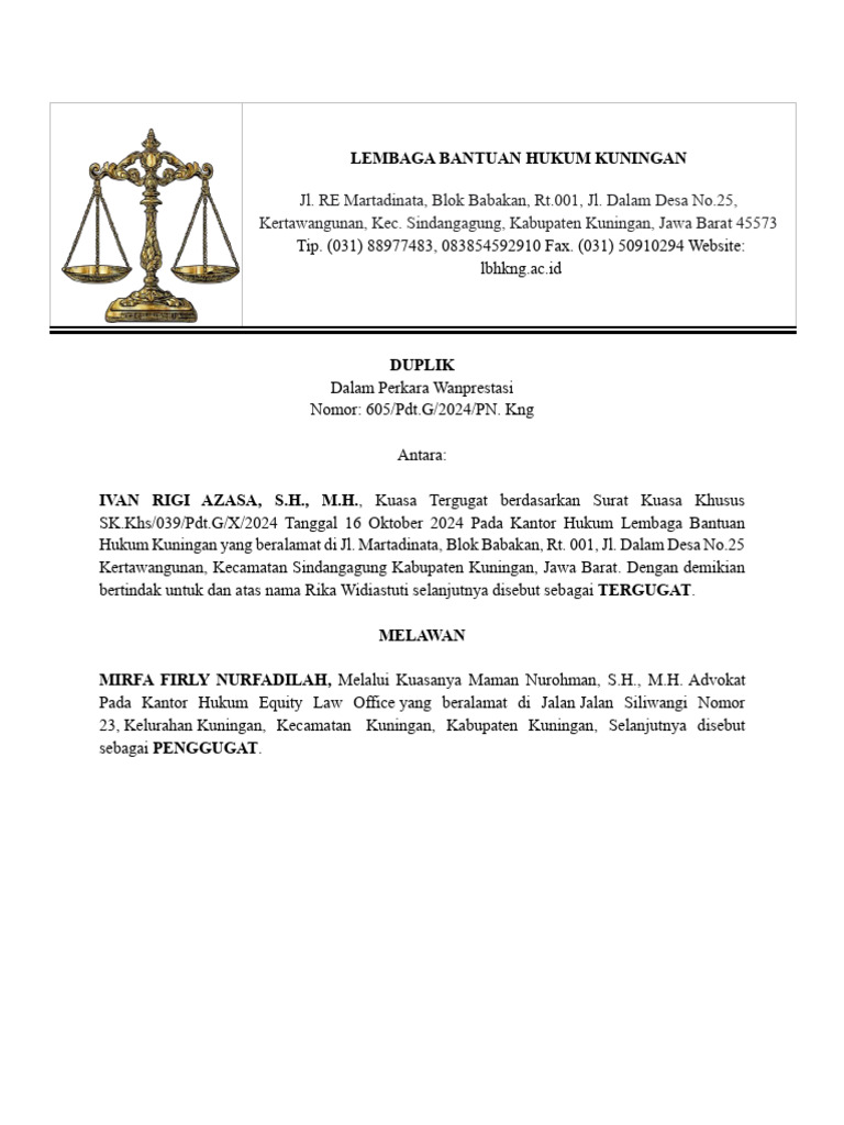 Duplik Tergugat Perdata | PDF