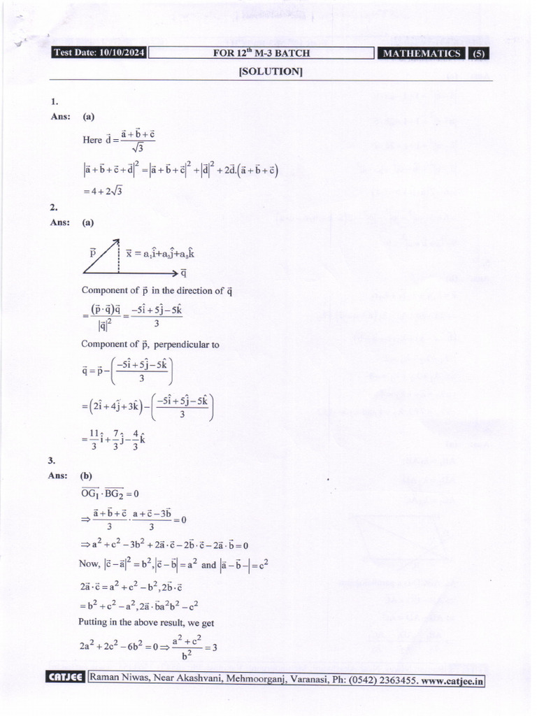 10.10.2024 Math Test For 12th M3 Batch Solution | PDF | Geometry