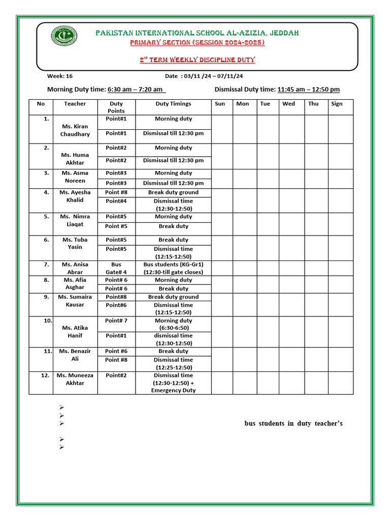 Weekly Duty Schedule for Teachers | PDF