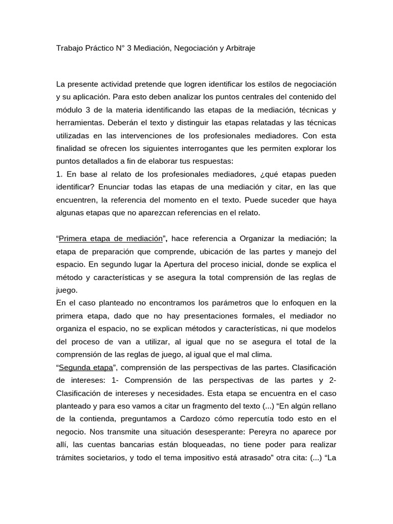 Trabajo Práctico N3 Mediacion, Negociacion y Arbitraje | PDF | Mediación | Negociación