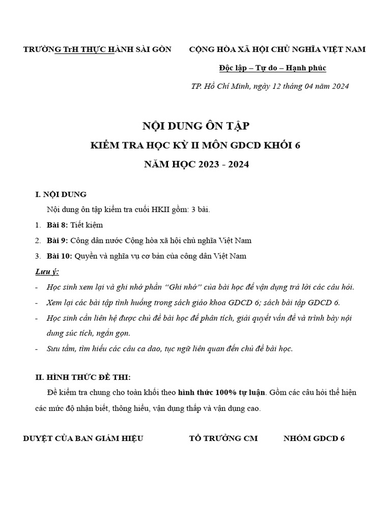 Môn GDCD - KT HK2 2324 | PDF