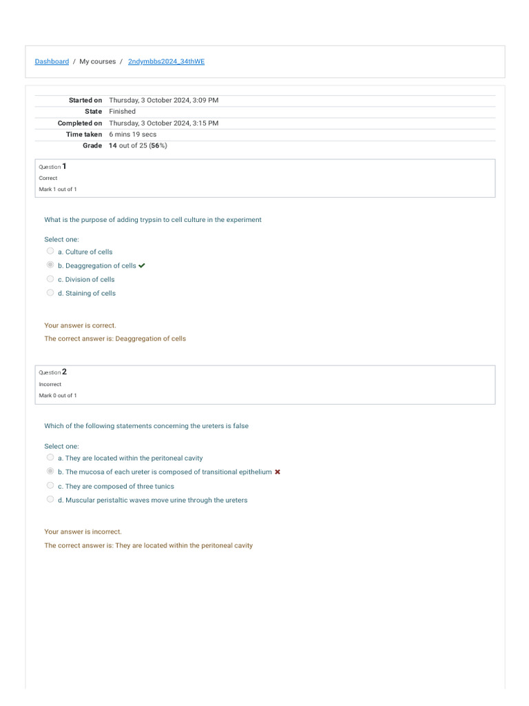 Second Year MBBS 2024 - Thirty Four Week Exam - Attempt Review | PDF | Urinary System | Epithelium