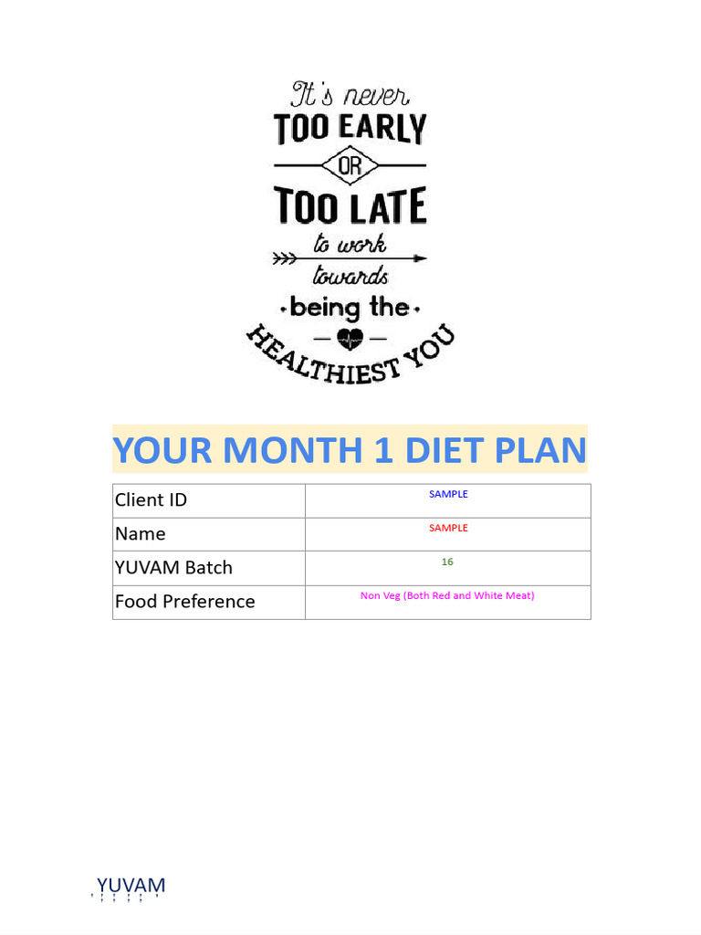 YUVAM Sample Diet Plan for the First Month | PDF | Vinaigrette | Foods