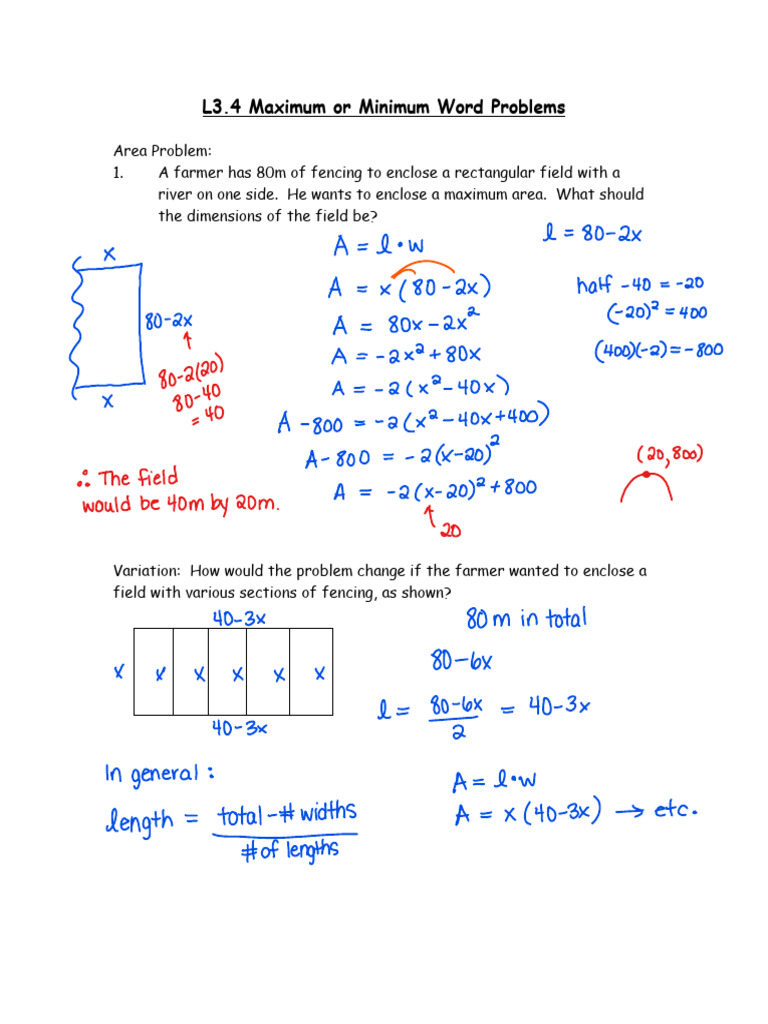L3.4 Max Min Word Problems KEY | PDF