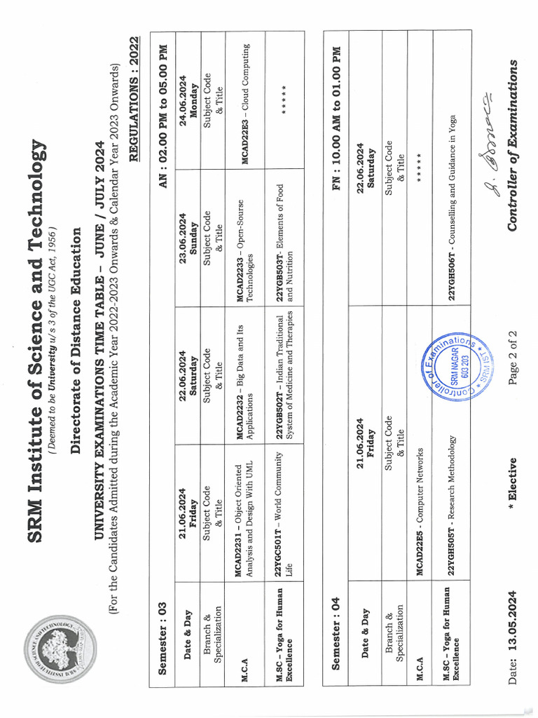 MCA-SEM 3&4 - University Theory Examination Time Table-June-July 2024 | PDF