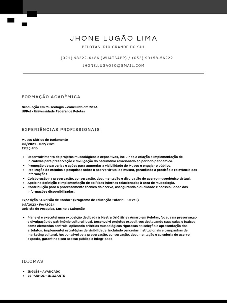 Curriculum Museólogo Jhone Lugão Lima | PDF
