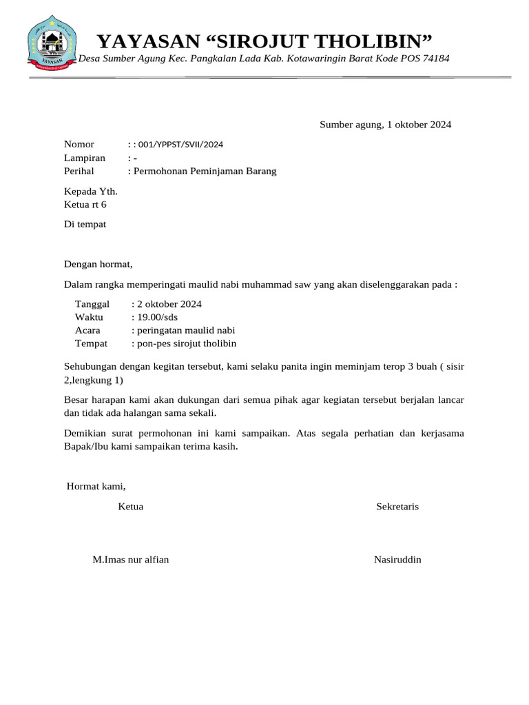Contoh Surat Peminjaman Barang | PDF