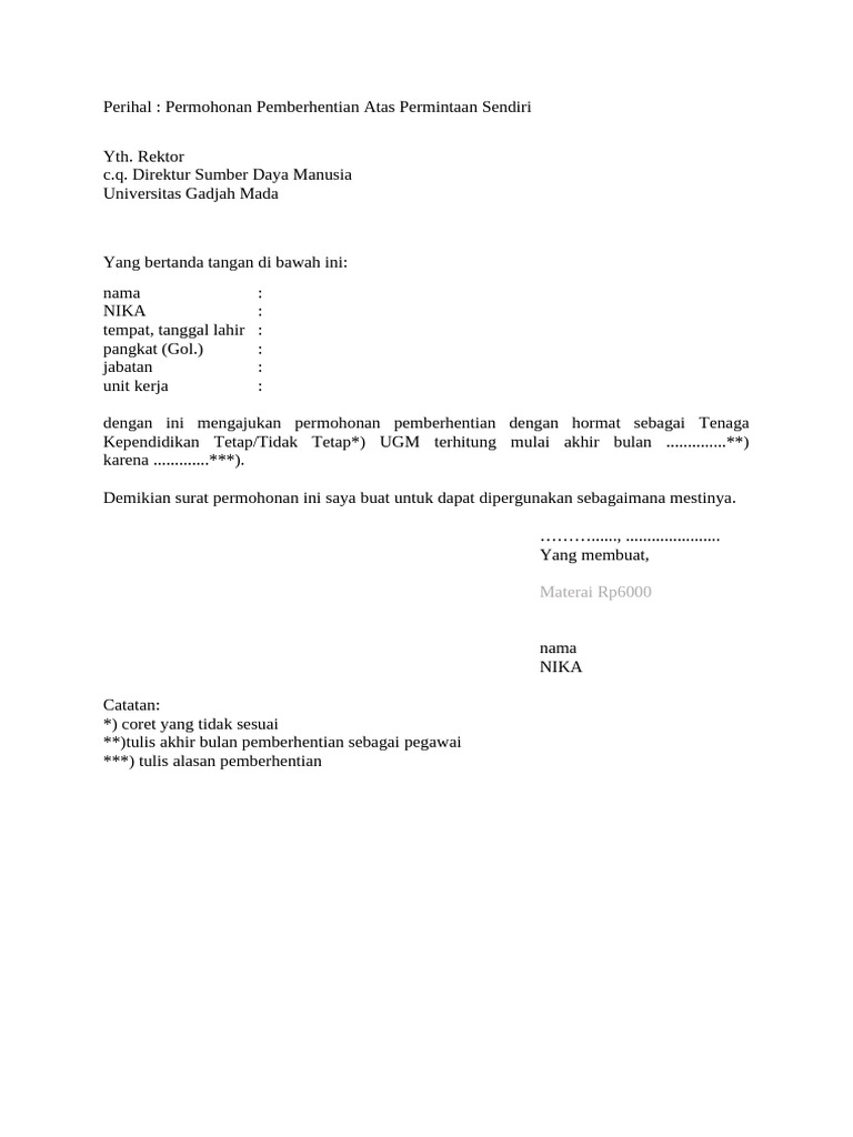 Surat Permohonan Pemberhentian APS Non PNS | PDF