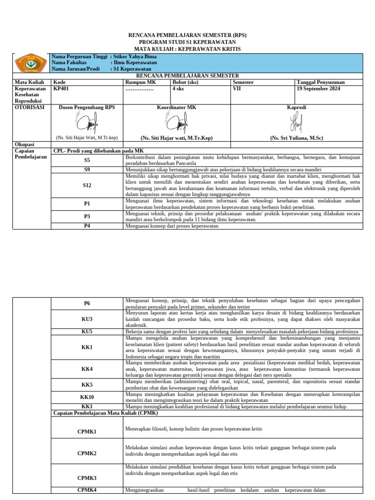 RPS Keperawatan Kritis | PDF | Sains & Matematika