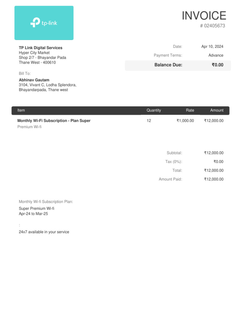 Wifi Bill Apr24 To Mar25 | PDF