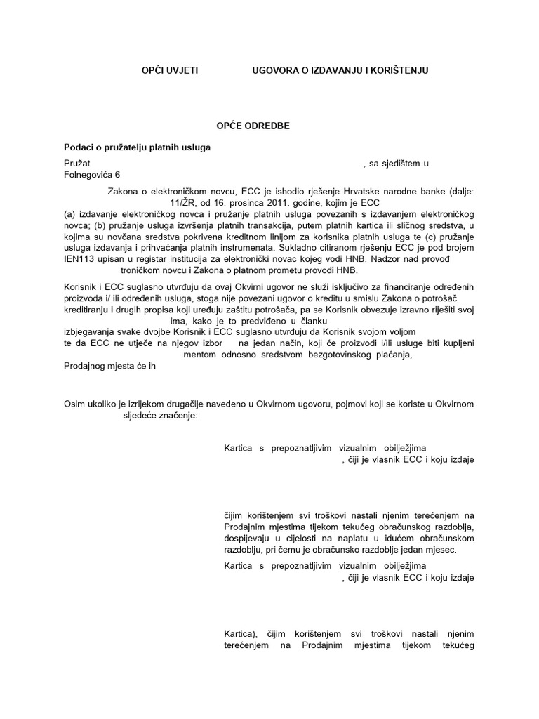 Opći Uvjeti Okvirnog Ugovora o Izdavanju I Korištenju Mastercard ...