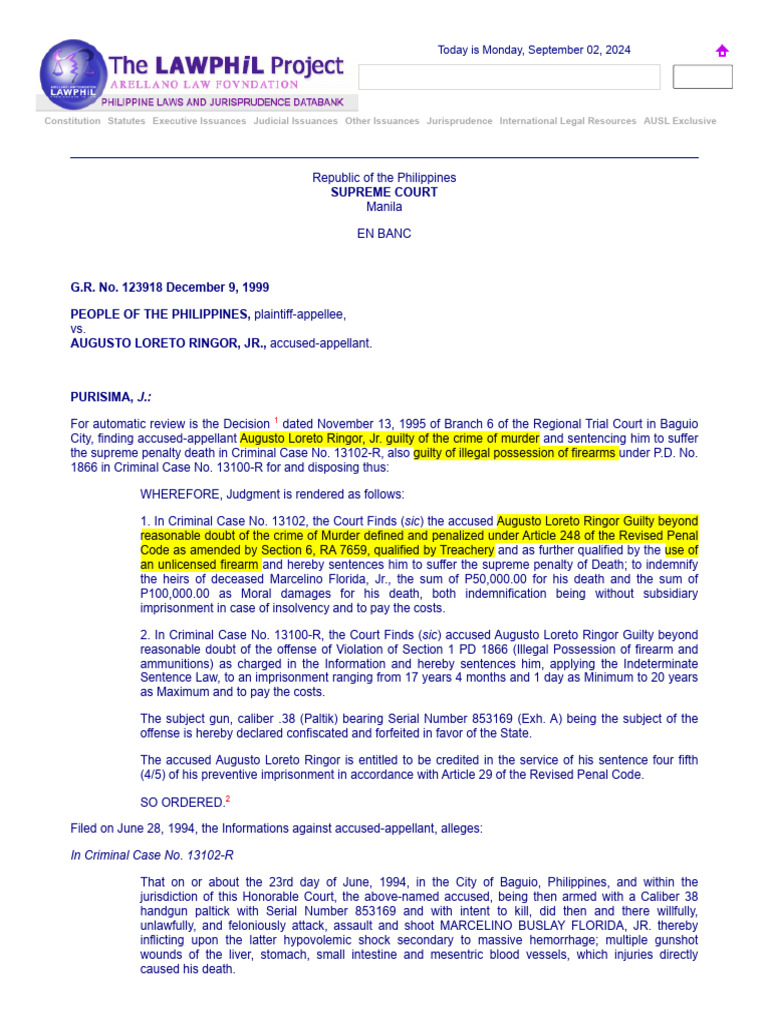 Prospectivity 4 People vs. Ringor G.R. No. 123918 | PDF | Murder | Ex ...