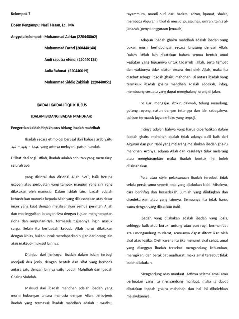 Pengertian Kaidah Fiqh Khusus Bidang Ibadah Mahdhah Kelompok 7 | PDF