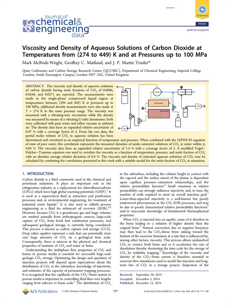 Mcbride Wright Et Al 2014 Viscosity and Density of Aqueous Solutions of Carbon Dioxide at ...