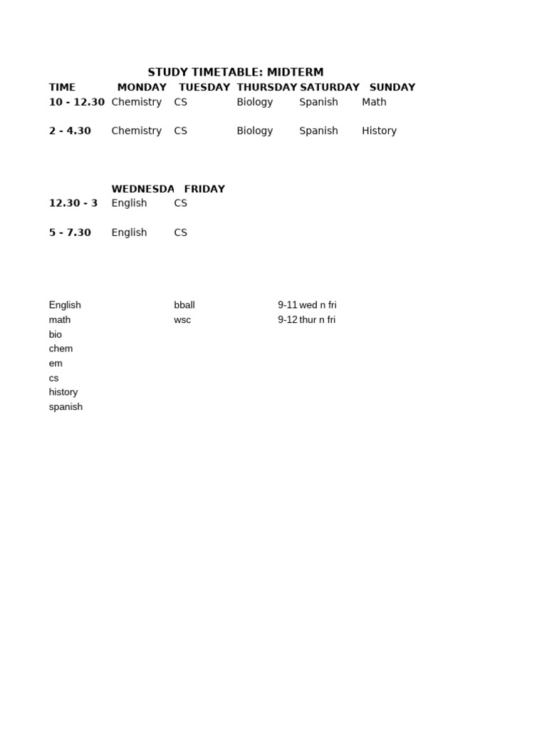 Study Timetable - Midterm | PDF