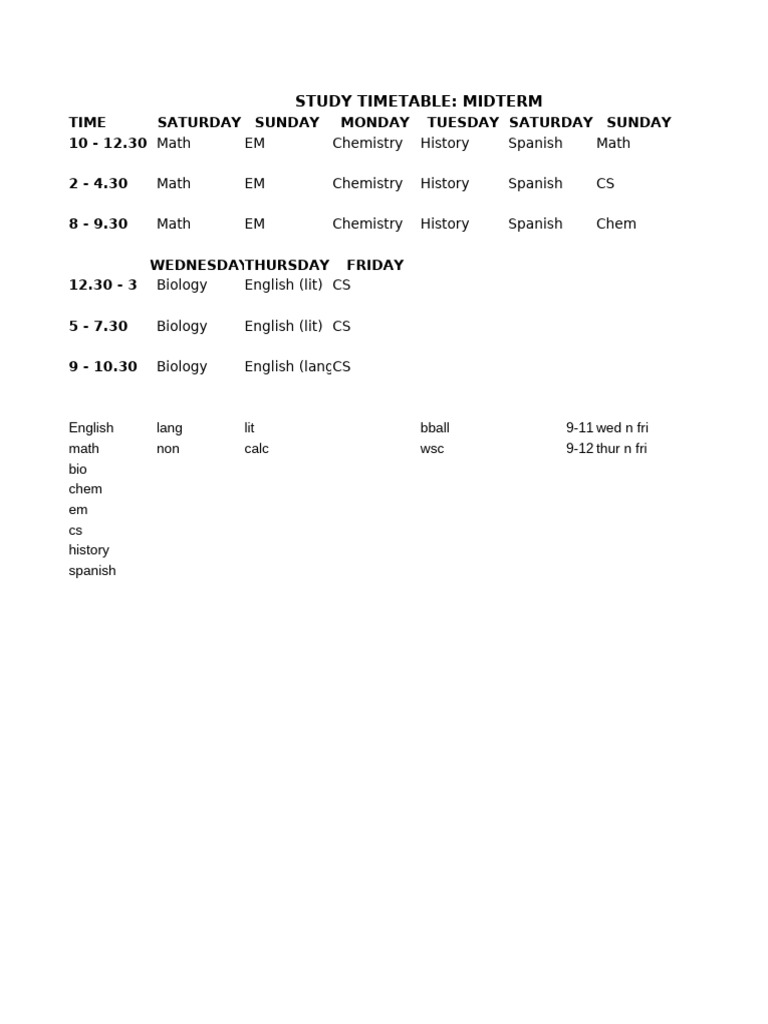 Study Timetable - Midterm | PDF