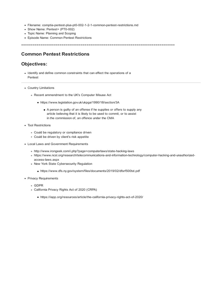 Comptia Pentest Plus pt0 002 1 2 1 Common Pentest Restrictions | PDF