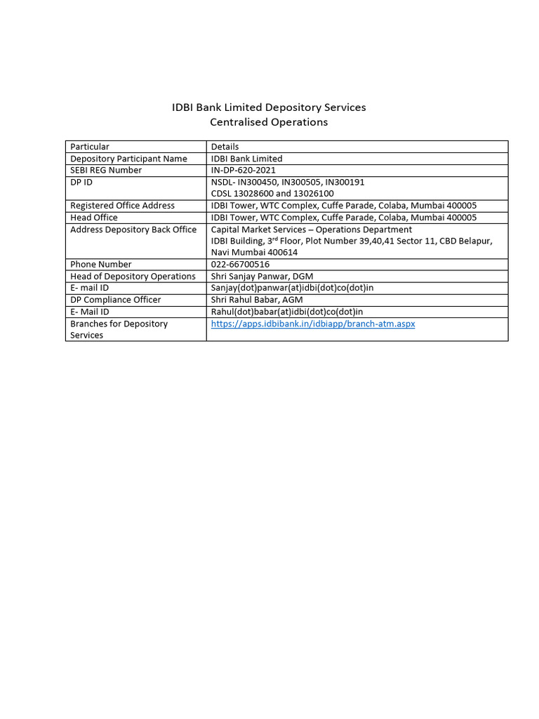 IDBI Bank Depository Services Overview | PDF | Business