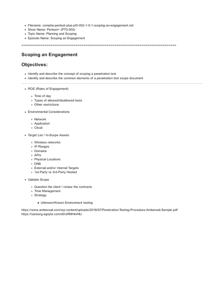 Comptia Pentest Plus pt0 002 1 5 1 Scoping An Engagement | PDF