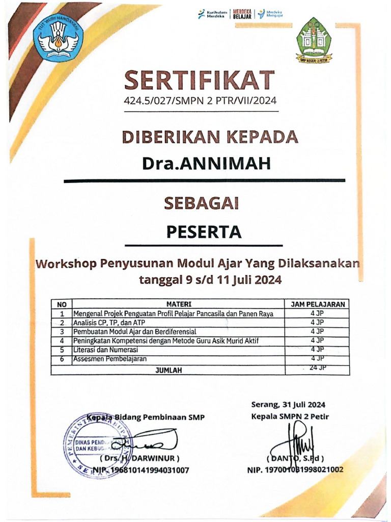 Sertifikat Workshop Penyusunan Modul Ajar | PDF