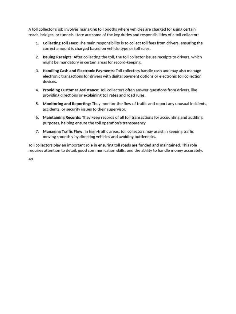 Toll Collector Job Responsibilities Explained | PDF