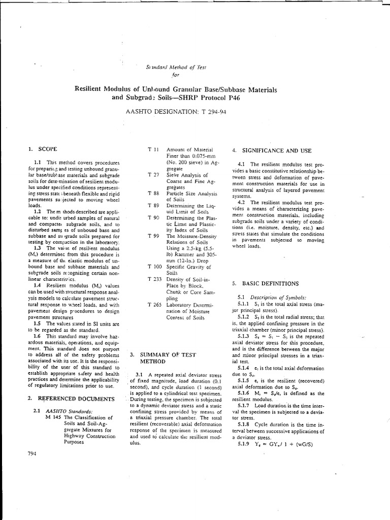 T 294-94 Resilient Modulus of Unbound Granular Base Subbase | PDF
