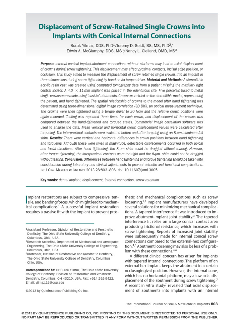 Displacement of Screw-Retained Single Crowns Into Implants With Conical ...