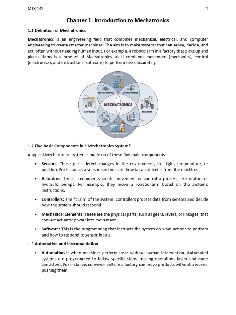 MTR-142 Introduction to Mechatronics | PDF | Electric Motor | Actuator