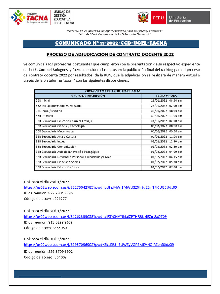Comunicado #11-2022-Cpcc-Ugeltacna | PDF | Videotelefonía