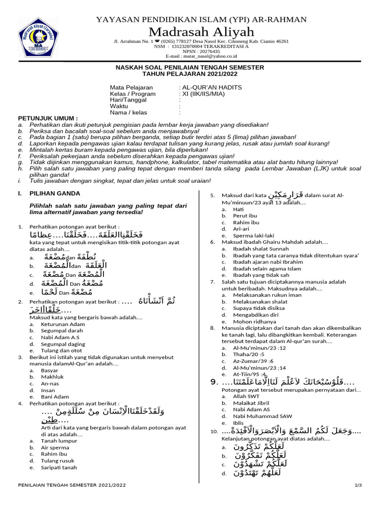 Soal PTS Qurdis Kelas Xi | PDF