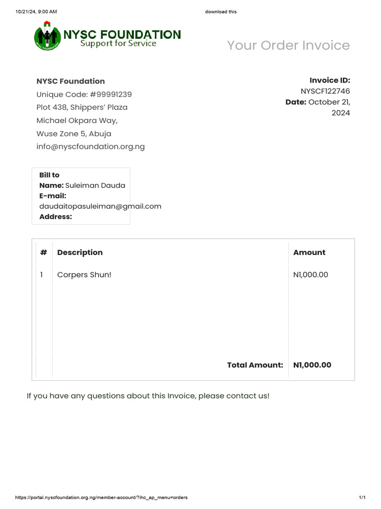 NYSC Foundation Invoice Details | PDF
