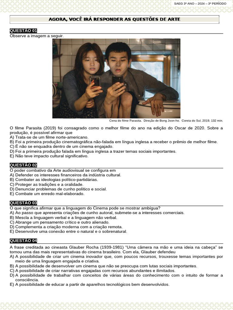 Questões de Arte e Cinema - SAEG 2024 | PDF | Documentário | Grécia Antiga