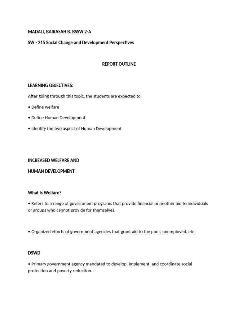 Report Outline - Increased Welfare and Human Development - MADALI ...