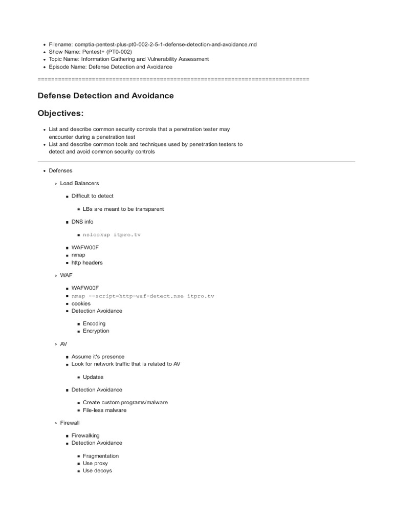 Comptia Pentest Plus pt0 002 2 5 1 Defense Detection and Avoidance ...