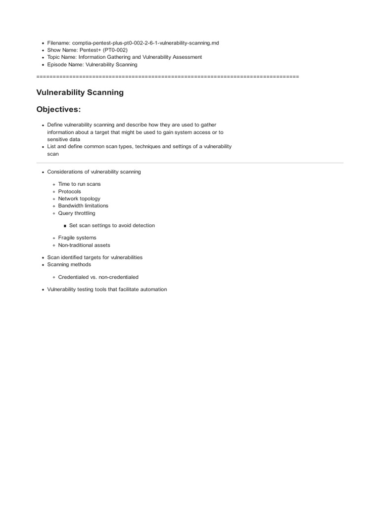 Comptia Pentest Plus pt0 002 2 6 1 Vulnerability Scanning | PDF