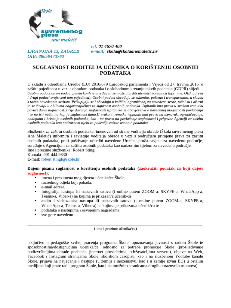 Suglasnost Roditelja Ucenika GDPR 1 | PDF