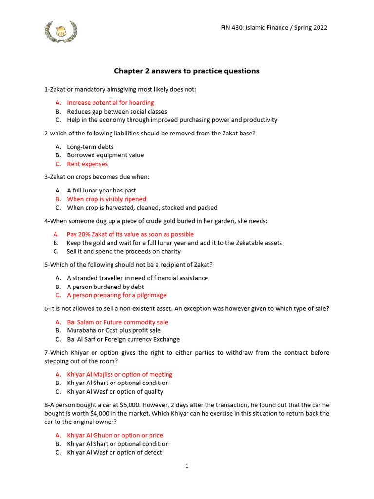 Islamic Finance Zakat Practice answers | PDF | Option (Finance) | Trade