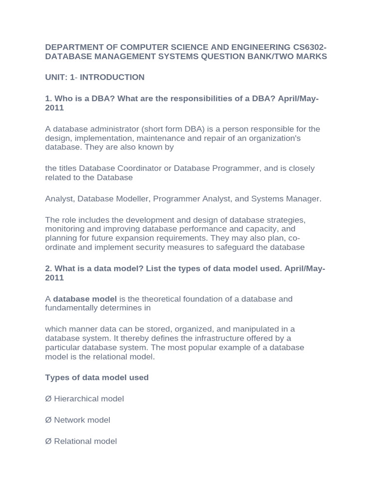 Dbms All Units 2 Marks | PDF | Databases | Database Transaction Dbms All Units 2 Marks | PDF | Databases | Database Transaction