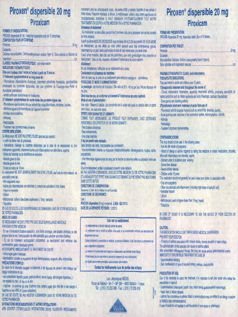 Piroxen Dispersible Tablets Piroxicam - 20mg - PIL | PDF