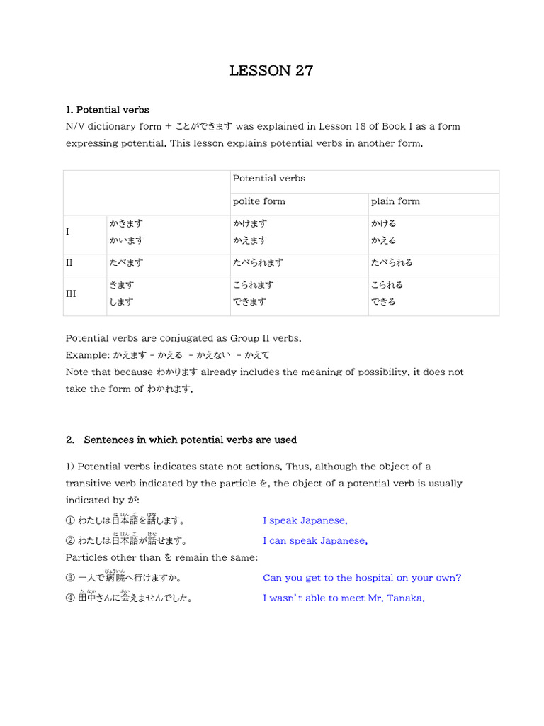 Minna No Nihongo Lesson 27 Grammar | PDF