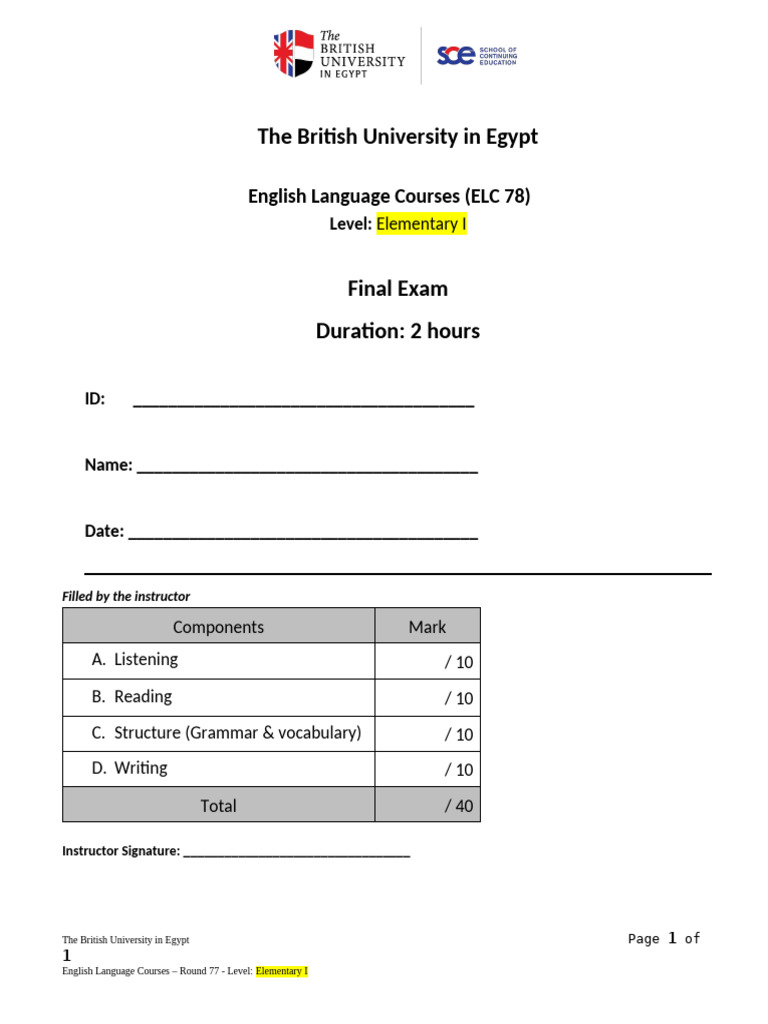 Final Exam Cover Page Template | PDF