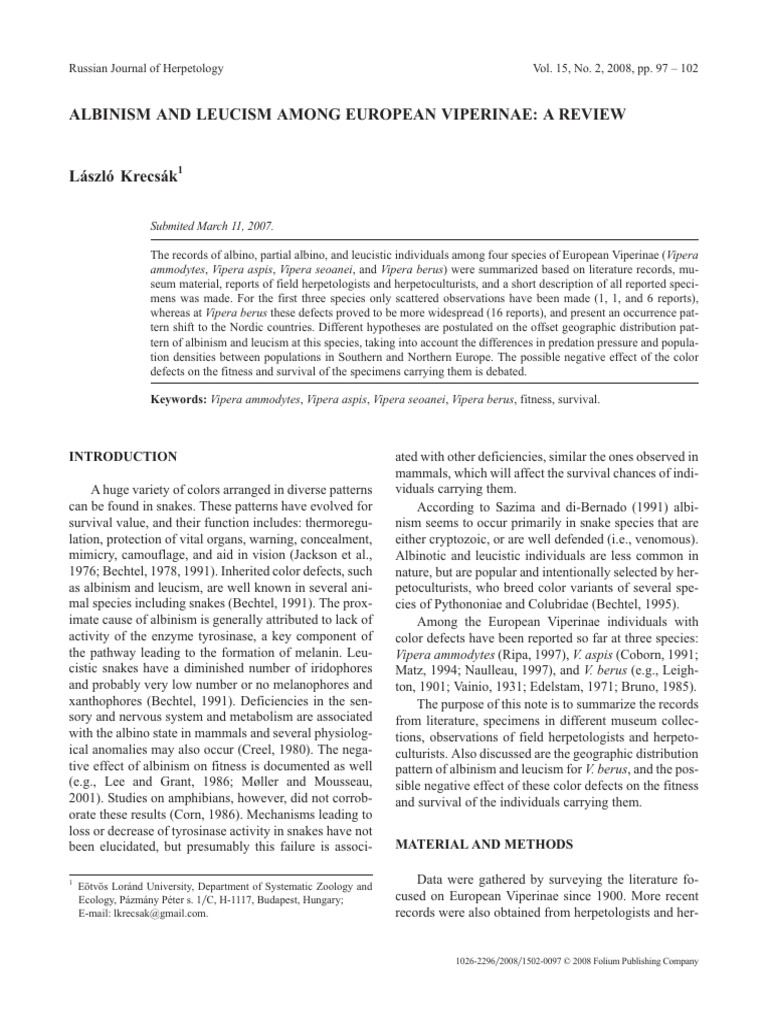 Albinism and Leucism Among European Viperinae A Re | PDF | Zoology